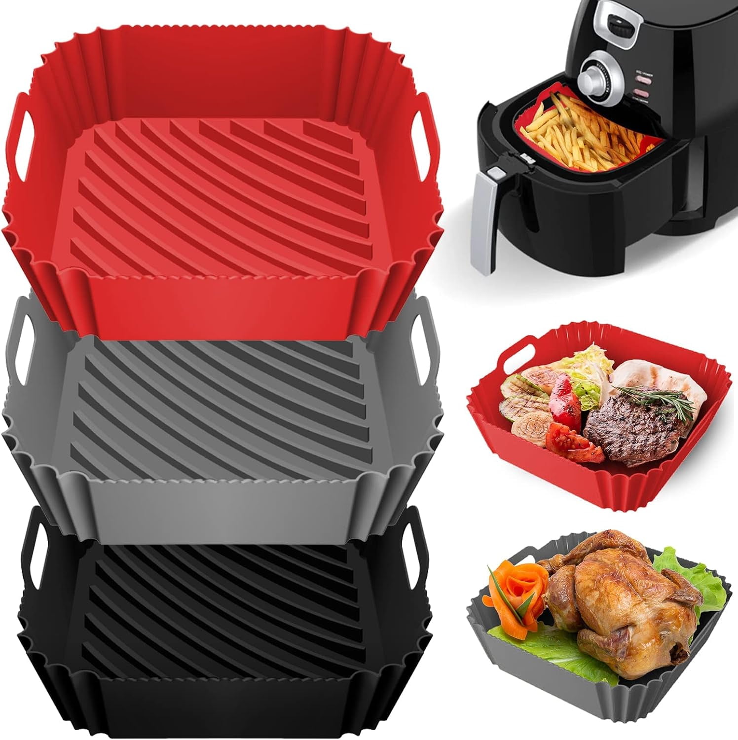 3 Pcs Air Fryer Silicone Liners, 8.5", Reusable Heat Resistant, for 4 ...