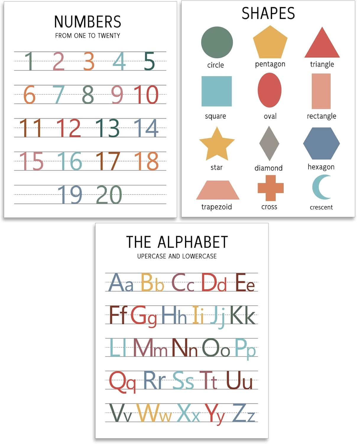 3 Pcs Alphabet Numbers Shapes Poster 3 Styles 10x8inch(25.5x20.5cm ...