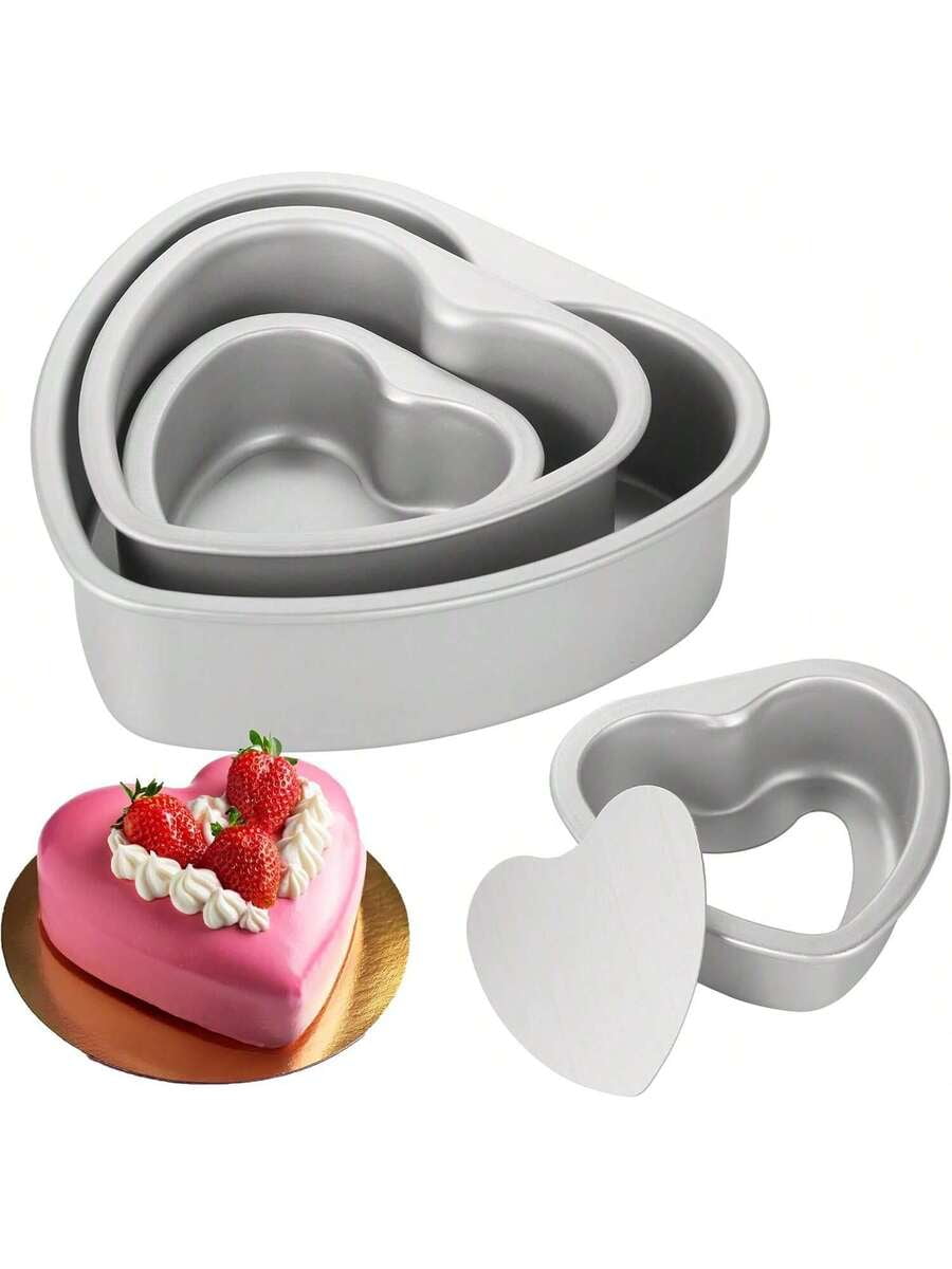 3 Pcs Aluminum Heart Shaped Cake Pans With Removable Bottom, 4/6/8 ...