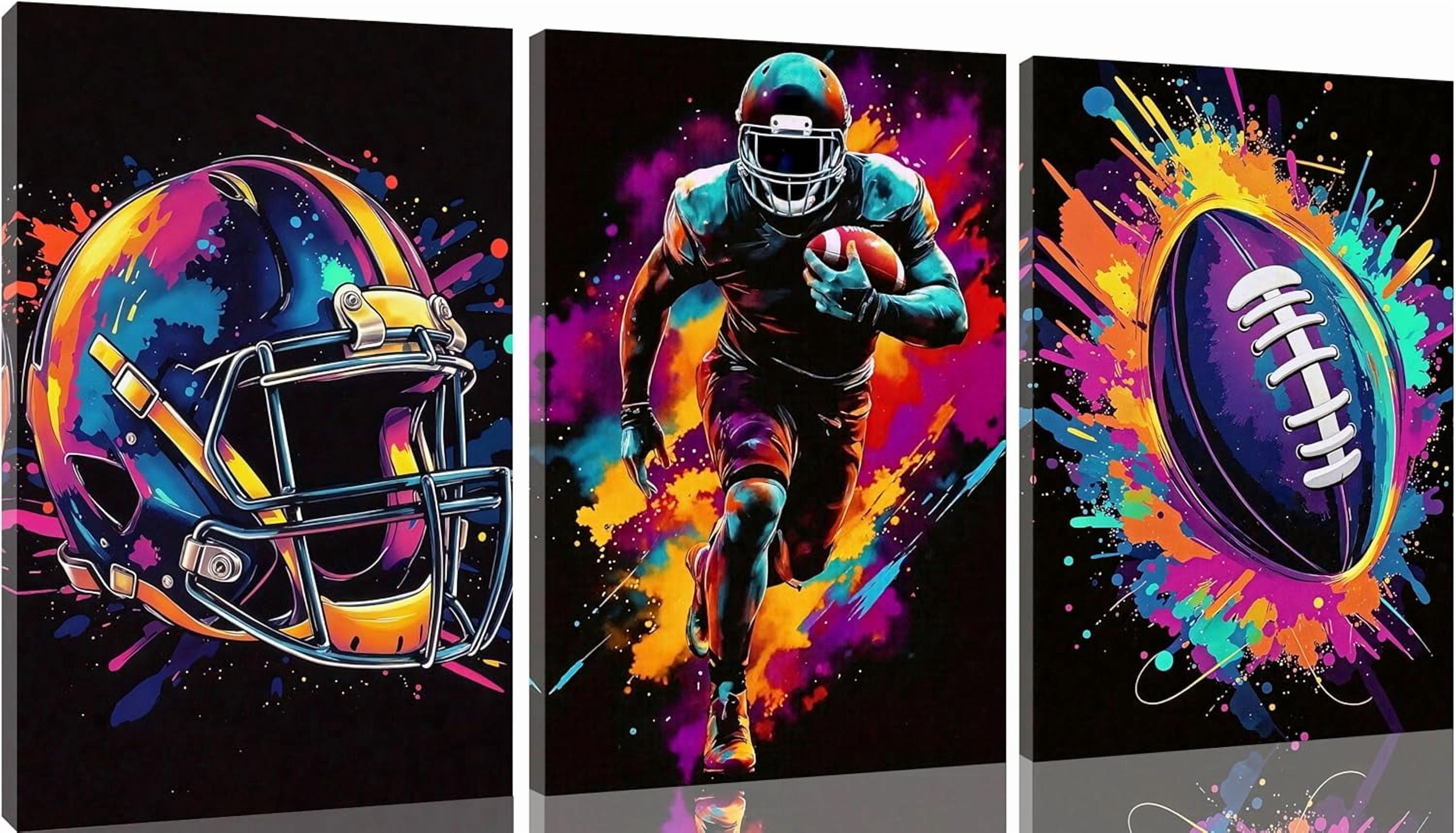 3 Pcs American Football Colorful Wall Art Decor, Rugby Field Stadium ...