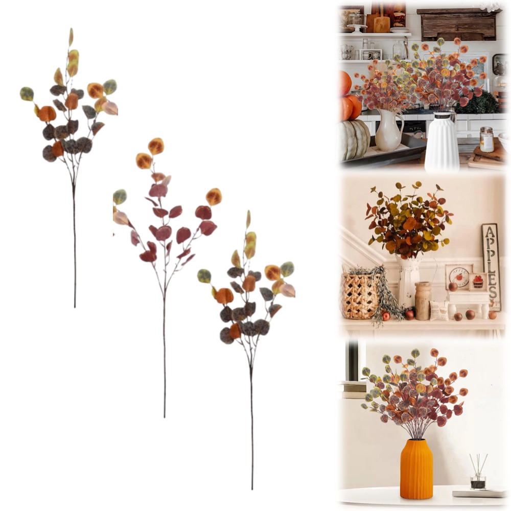 3 Pcs Artificial Fall Eucalyptus Leaves Stems, 33” Fake Eucalyptus ...