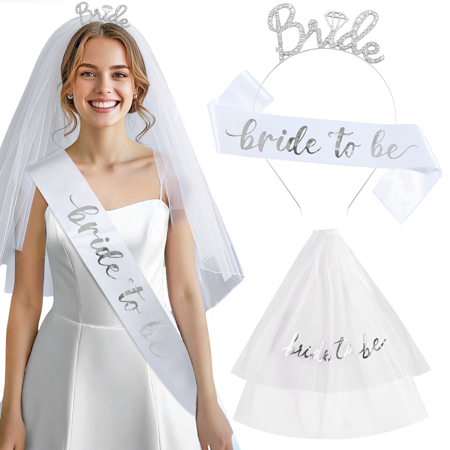Bride to Be Sash, Tiara, Veil, 3 Pcs Bachelorette Party Decorations ...