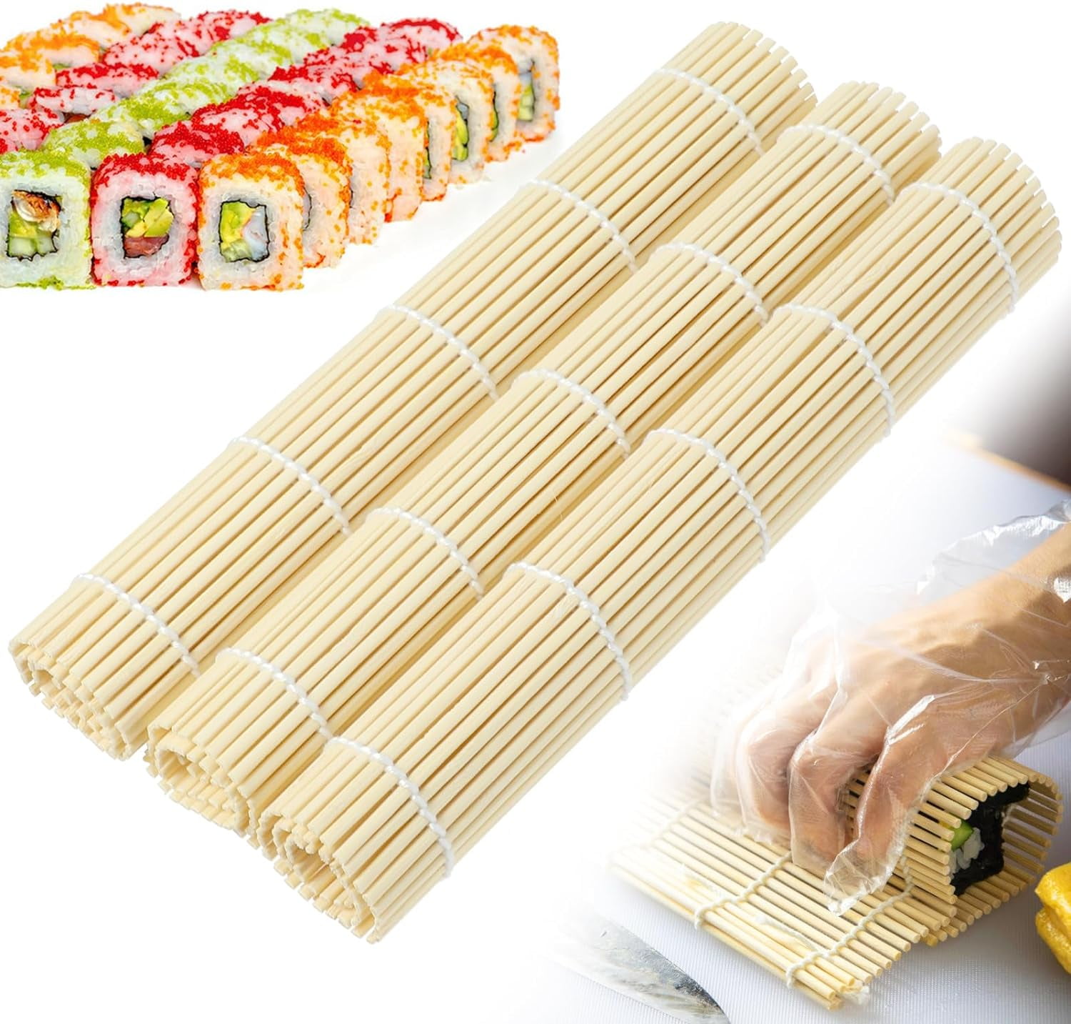 3 Pcs Bamboo Sushi Rolling Mats, Natural Bamboo Roll Mats for DIY Sushi ...
