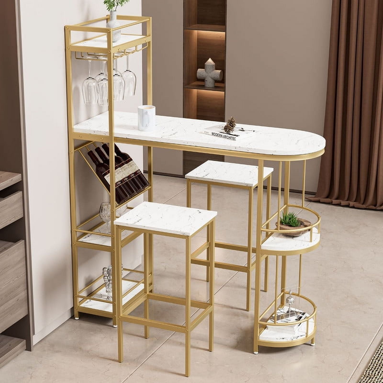 3-Piece Counter Height Bar Table and Chairs Set, Modern Style Gold ...