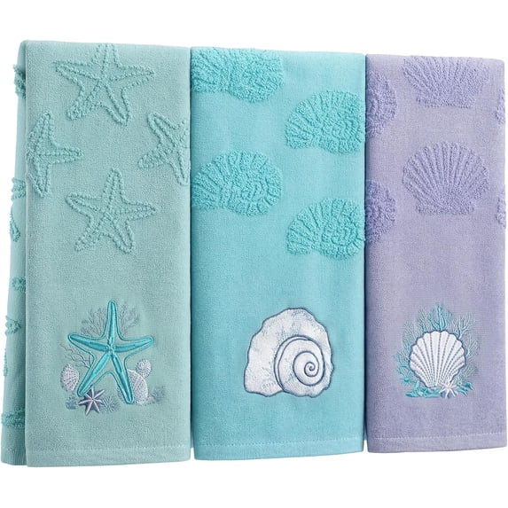 3 Pcs Beach Hand Towels for Bathroom 100% Cotton Coastal Jacquard ...