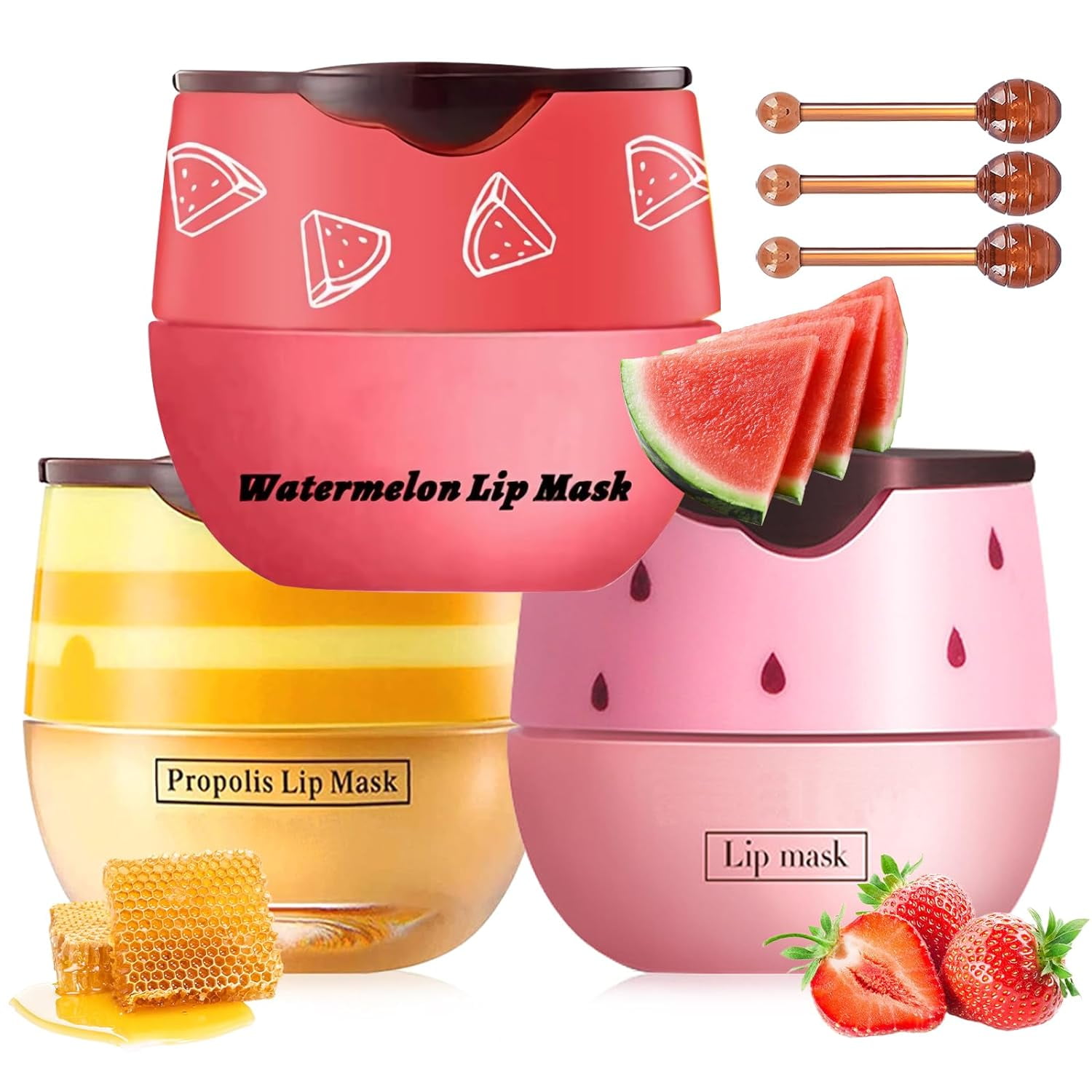 3 Pcs Bee Lip Balm Honey Pot, Honey Strawberry Watermelon Lip Mask ...