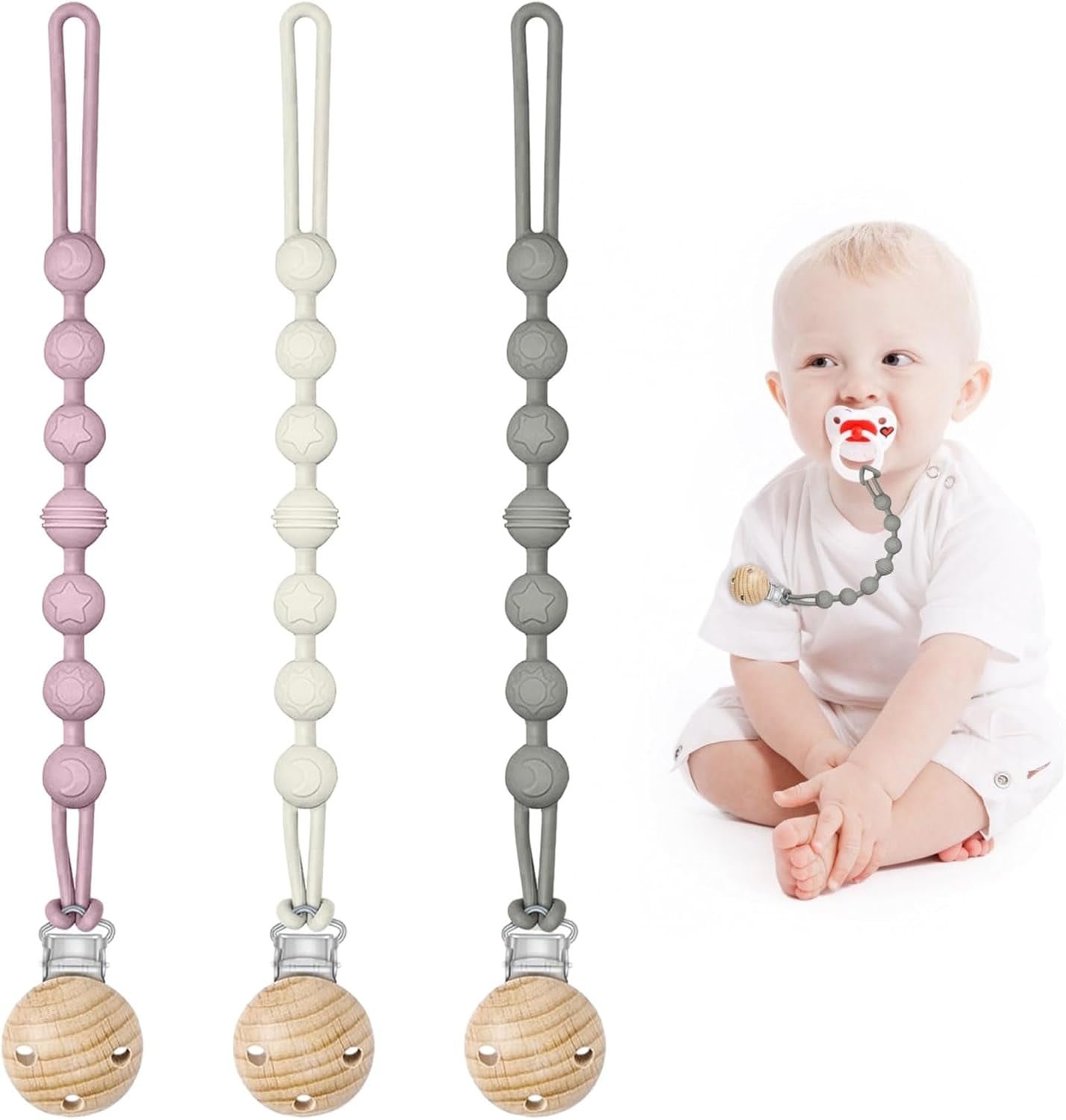 3 Pcs Bibs Dummy Clip,Pacifier Clips,Silicone Dummy Clips for Baby ...