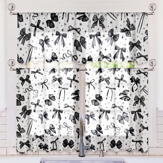 3 Pcs Black Bow Kitchen Curtains Valances and Tiers Set for Windows ...