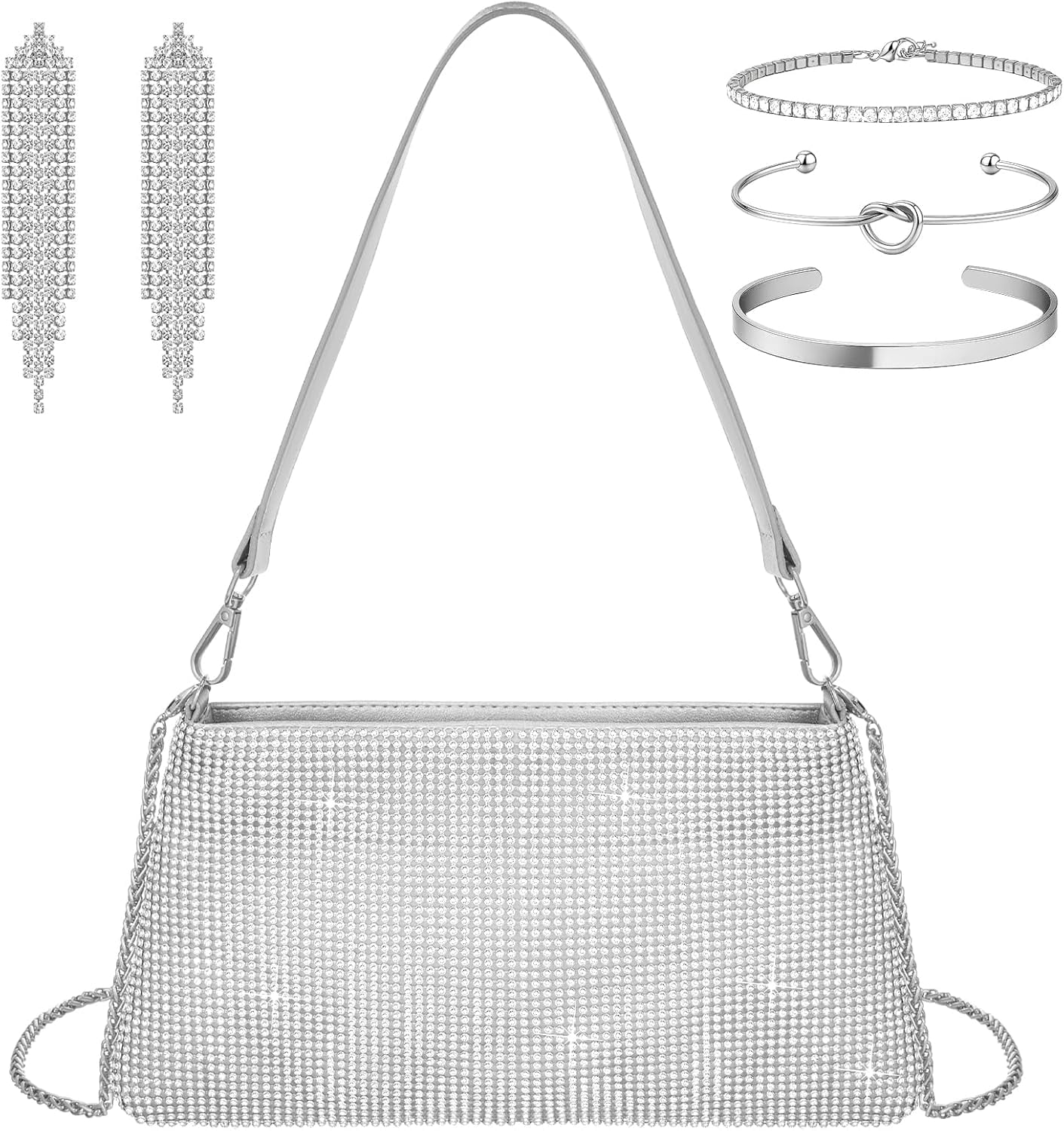 3 Pcs Bling Evening Bag Rhinestone Jewelry Set Clutch Purse Earrings ...
