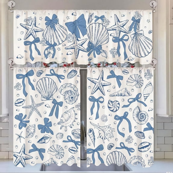 3 Pcs Blue Bow Starfish Seashell Kitchen Curtains Valances and Tiers ...