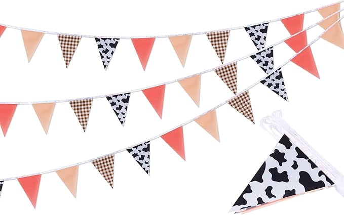 3 Pcs Blush Pink Brown Triangle Bunting Banner, 48 Ft Cow Print Fabric ...