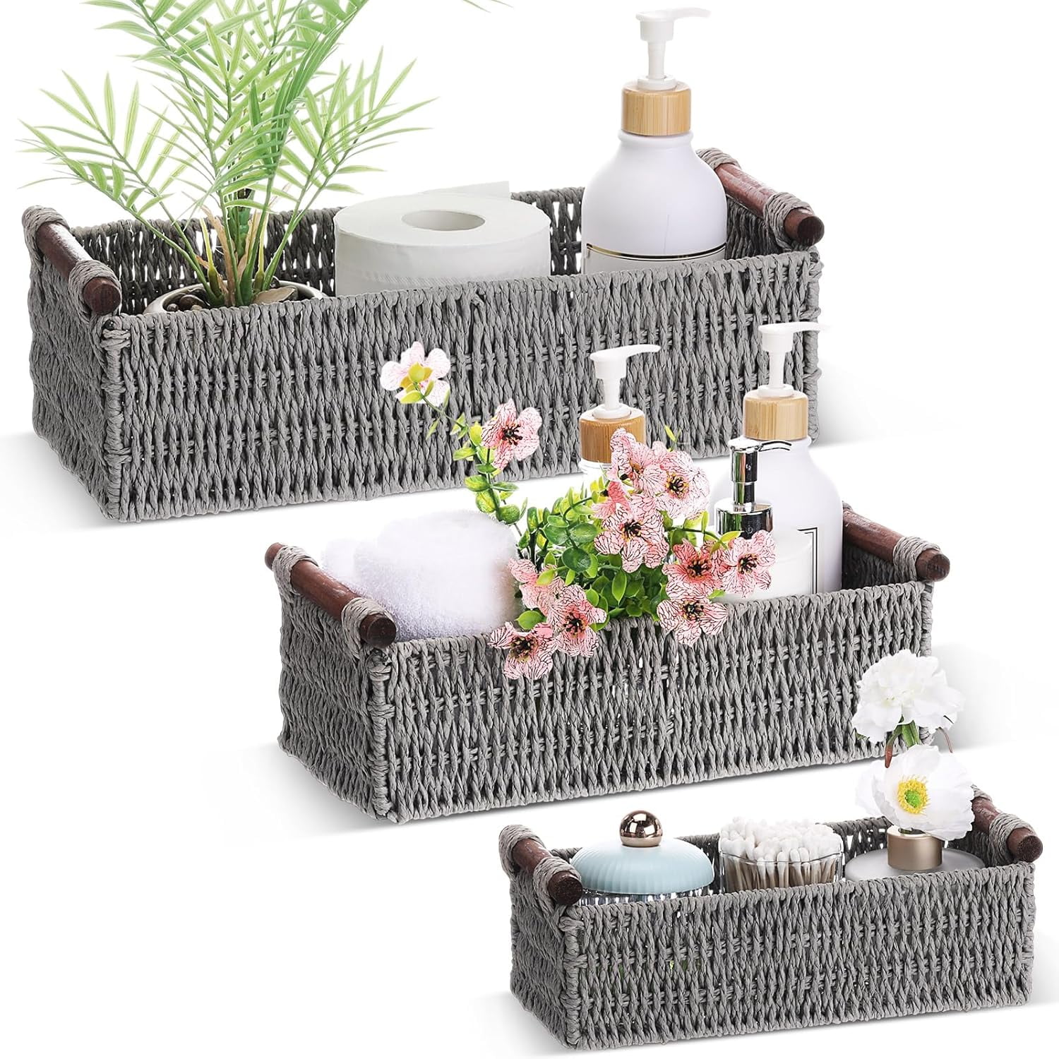 3 Pcs Boho Storage Wicker Baskets Handmade Woven Decorative Paper Rope ...