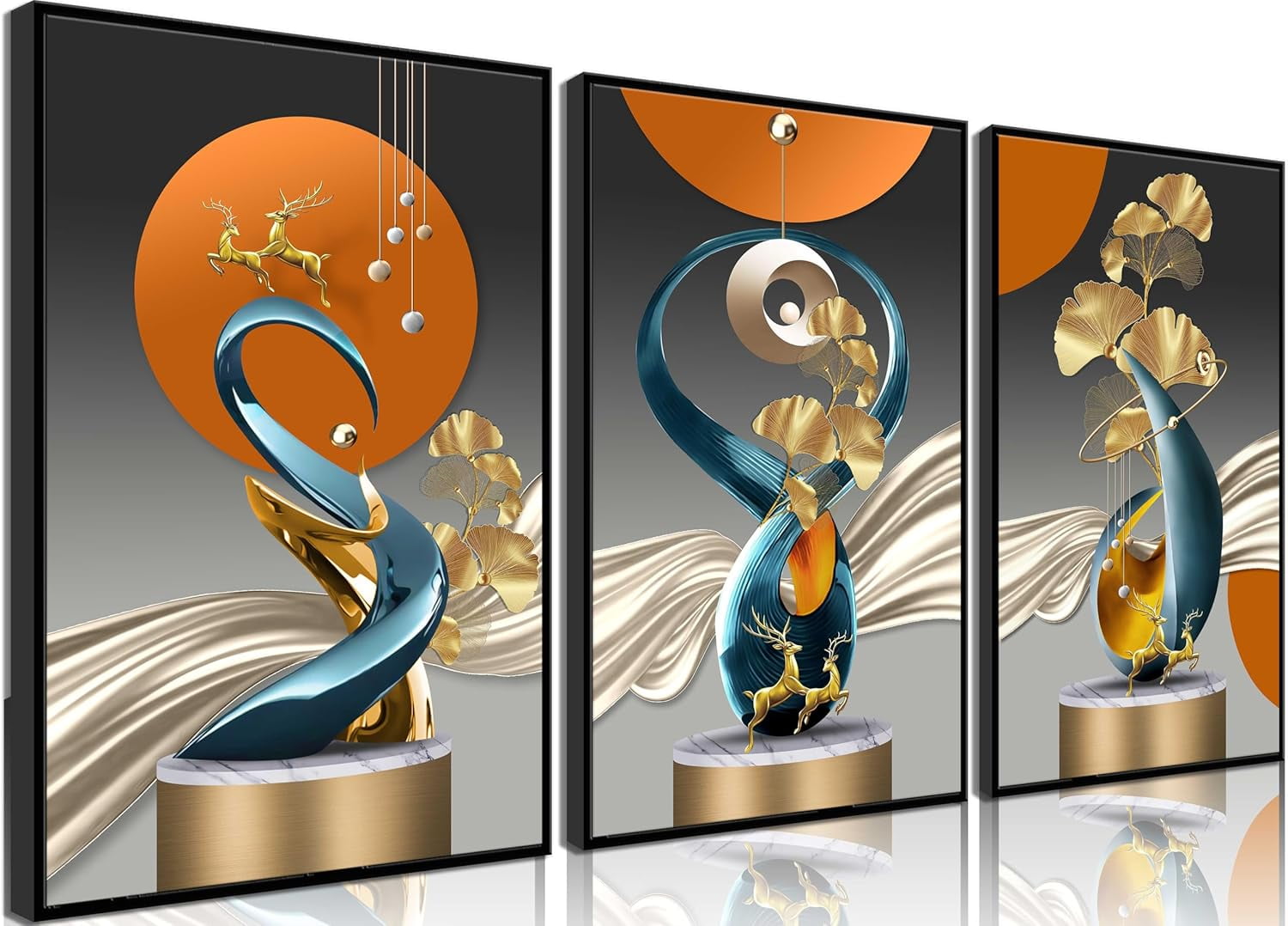 3 Pcs Bright Style Canvas wall Art Golden Deer Luxury Foil Lines ...