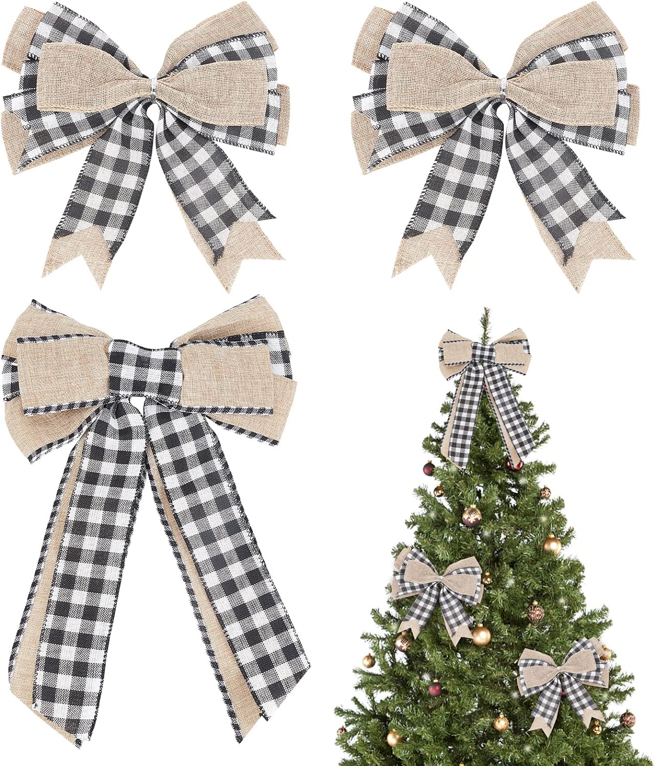 3 Pcs Buffalo Plaid Burlap Bows 2 Style Black Christmas Tree Topper ...