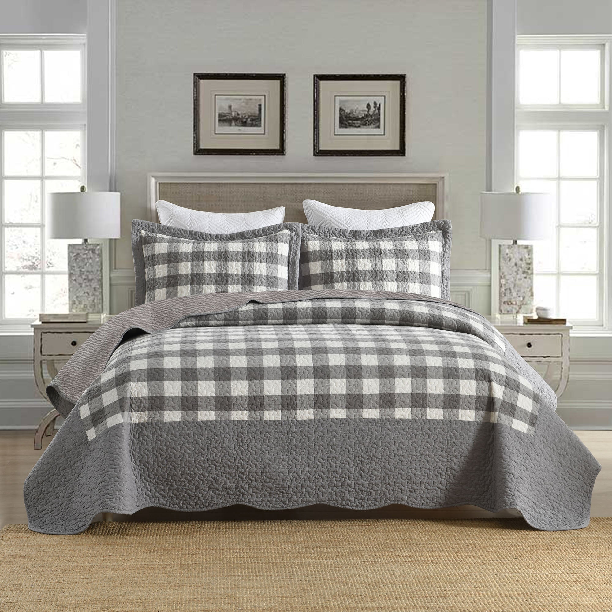 3 Pcs Buffalo Plaid Check Quilted Bedspread Set In Grey And White ...
