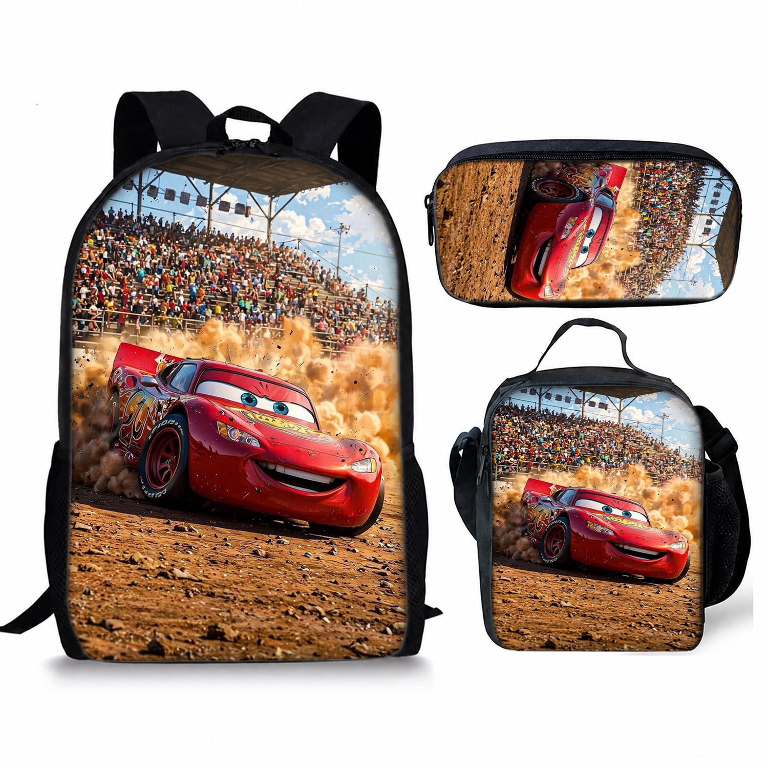 3-Pcs Cartoon Racing Cars Schoolbag with Lunch Box Pencil Case Set, 17 ...