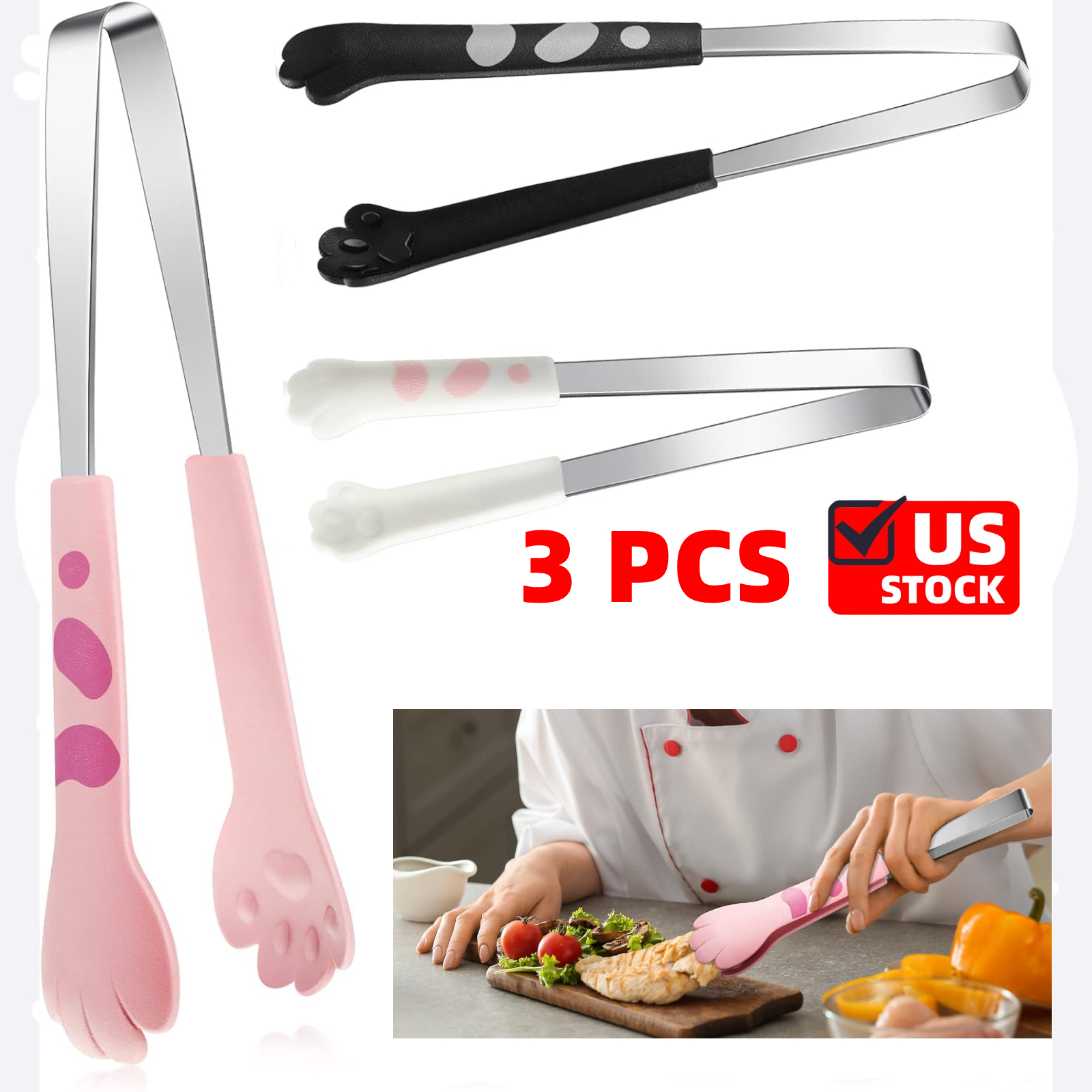 3 Pcs Cat Paw Tongs Kawaii Food Stainless Steel Kitchen Tongs Cute ...