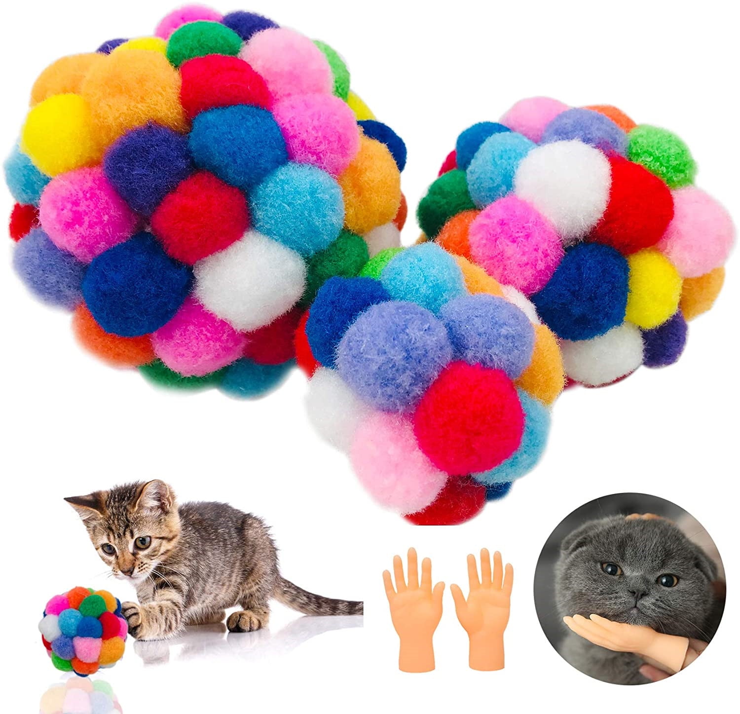3 Pcs Cat Toy Balls with Bell - Round Cat Pom Pom Balls Built-in Bell ...