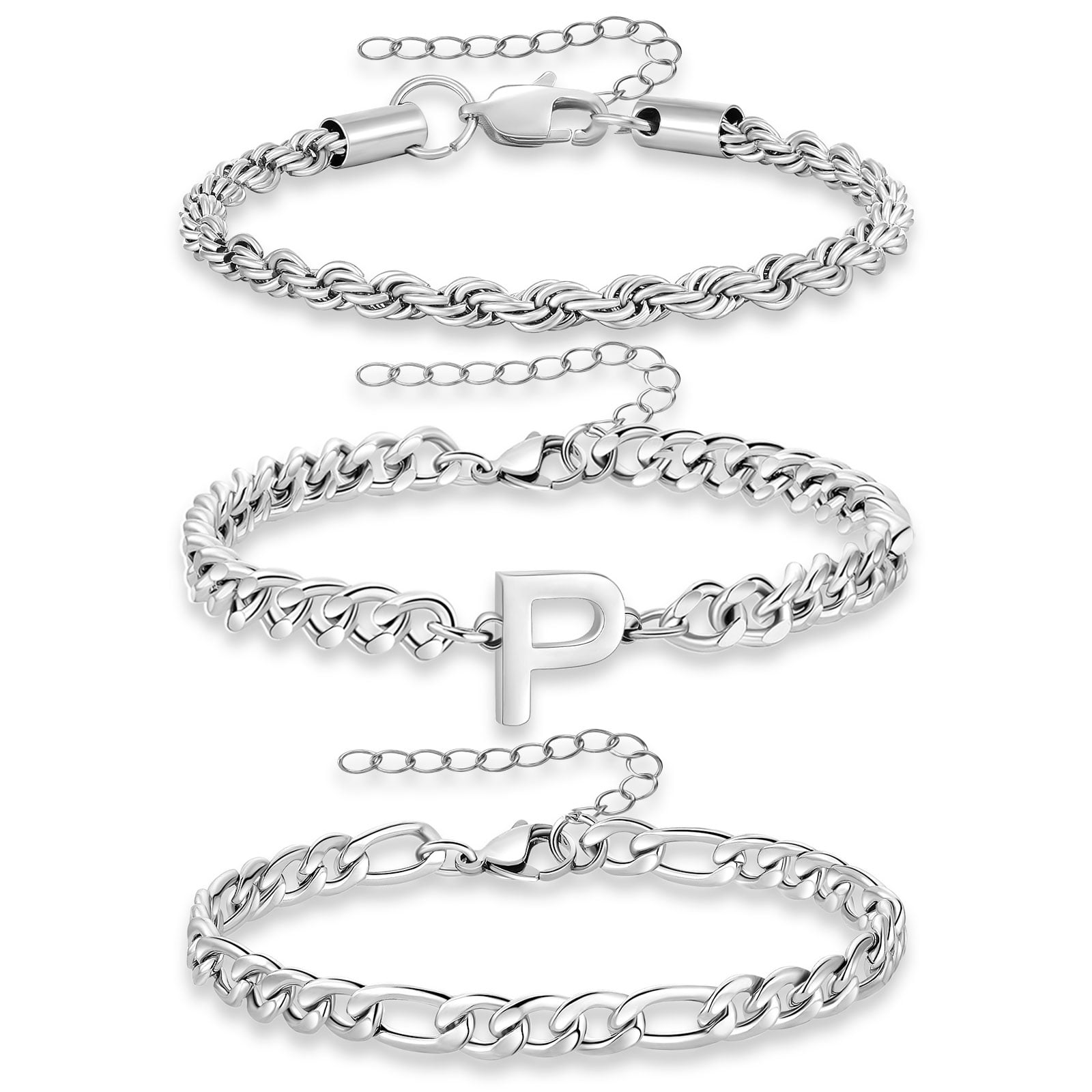 3 Pcs Chain Bracelets for Men,7.5+2 Inch Stainless Steel Cuban Curb ...