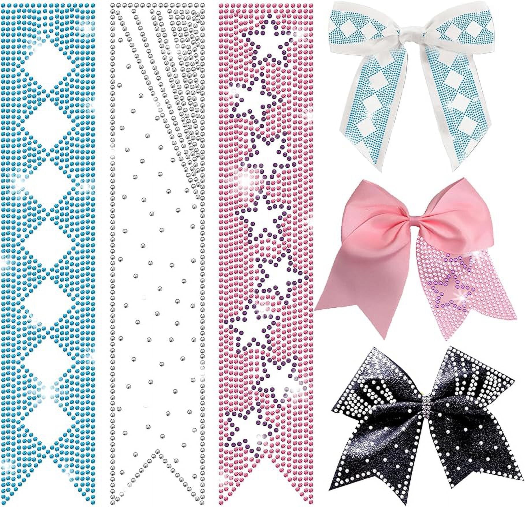 3 Pcs Cheer Bow Ribbon Lace Patterns Rhinestone Iron on Hotfix Transfer ...