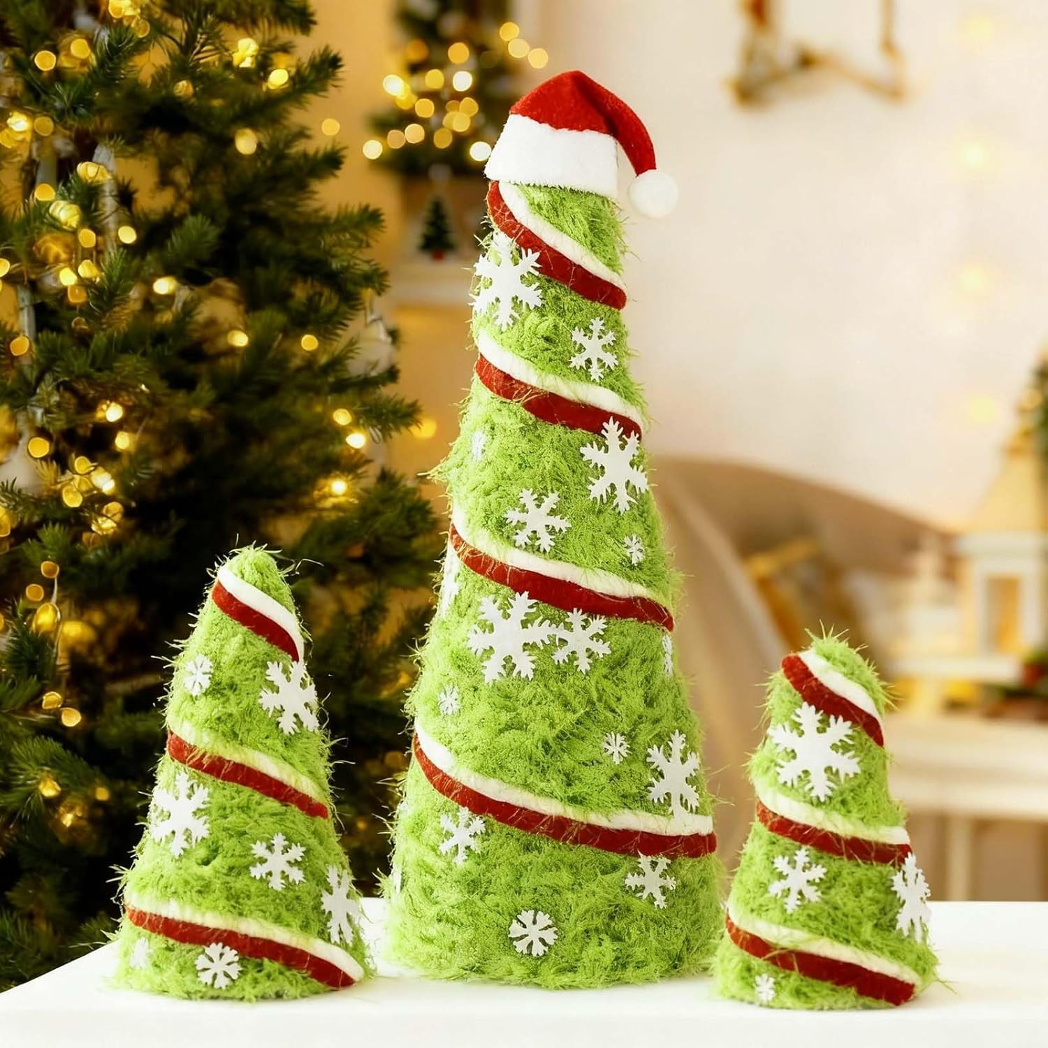 3 Pcs Christmas Cone Trees, Green Artificial Plush Fur Surface ...