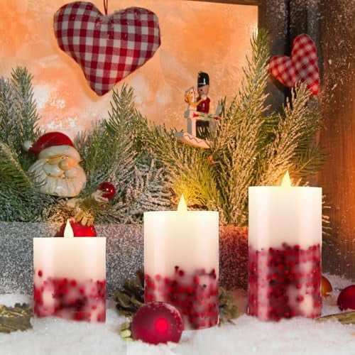 3 Pcs Christmas Flameless LED Candles Rowan Berries Embedded Real Wax ...