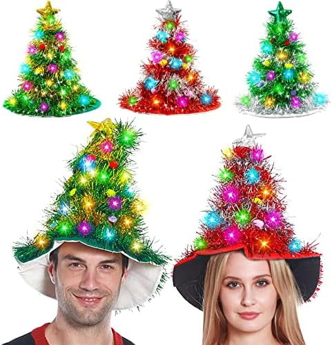 3 Pcs Christmas Hats, Tinsel Tree Santa Hat with 30 Colored LED Lights ...