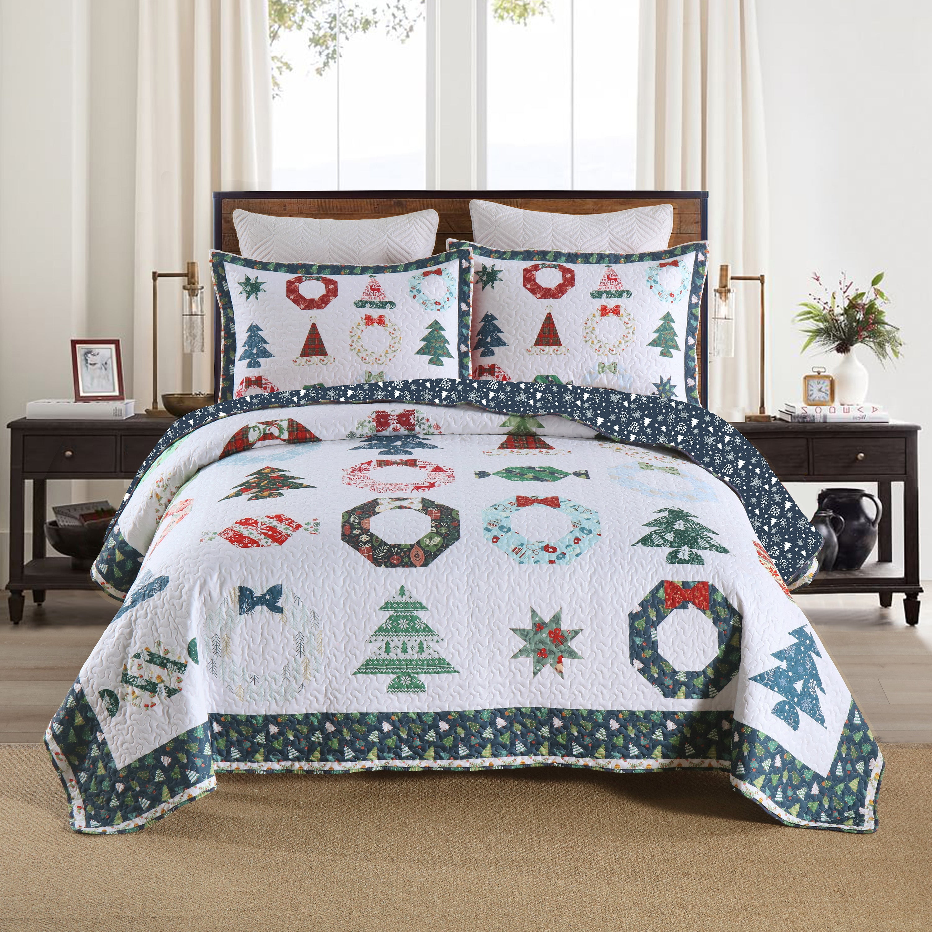 3 Pcs Christmas Red Candy Quilt Bedspread Set Holiday Bedding Set for ...