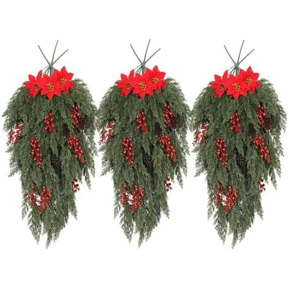 3 Pcs Christmas Teardrop Swag with Red Berry Faux Pine Needles Teardrop ...