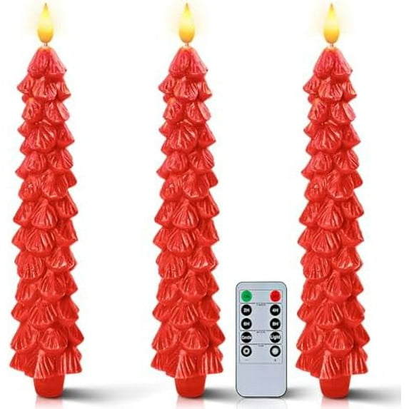 3 Pcs Christmas Tree Candles with Remote, Waxy Flameless Taper Candles ...