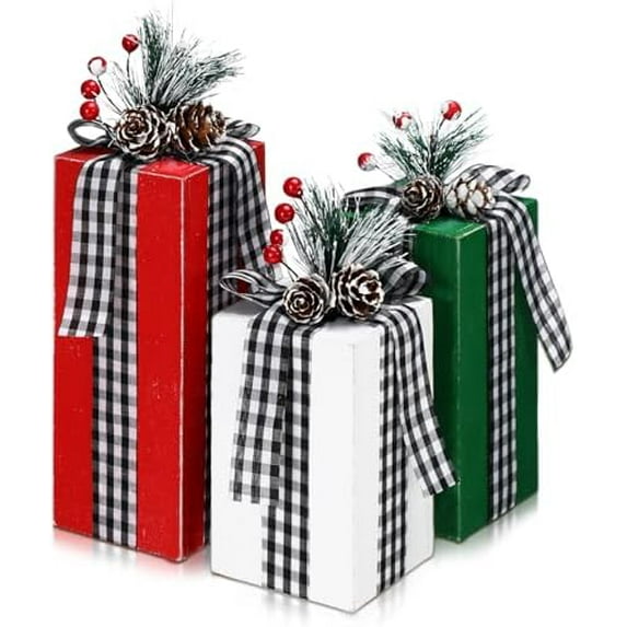 3 Pcs Christmas Wooden Gifts Box Decor Christmas Plaid Presents Table ...