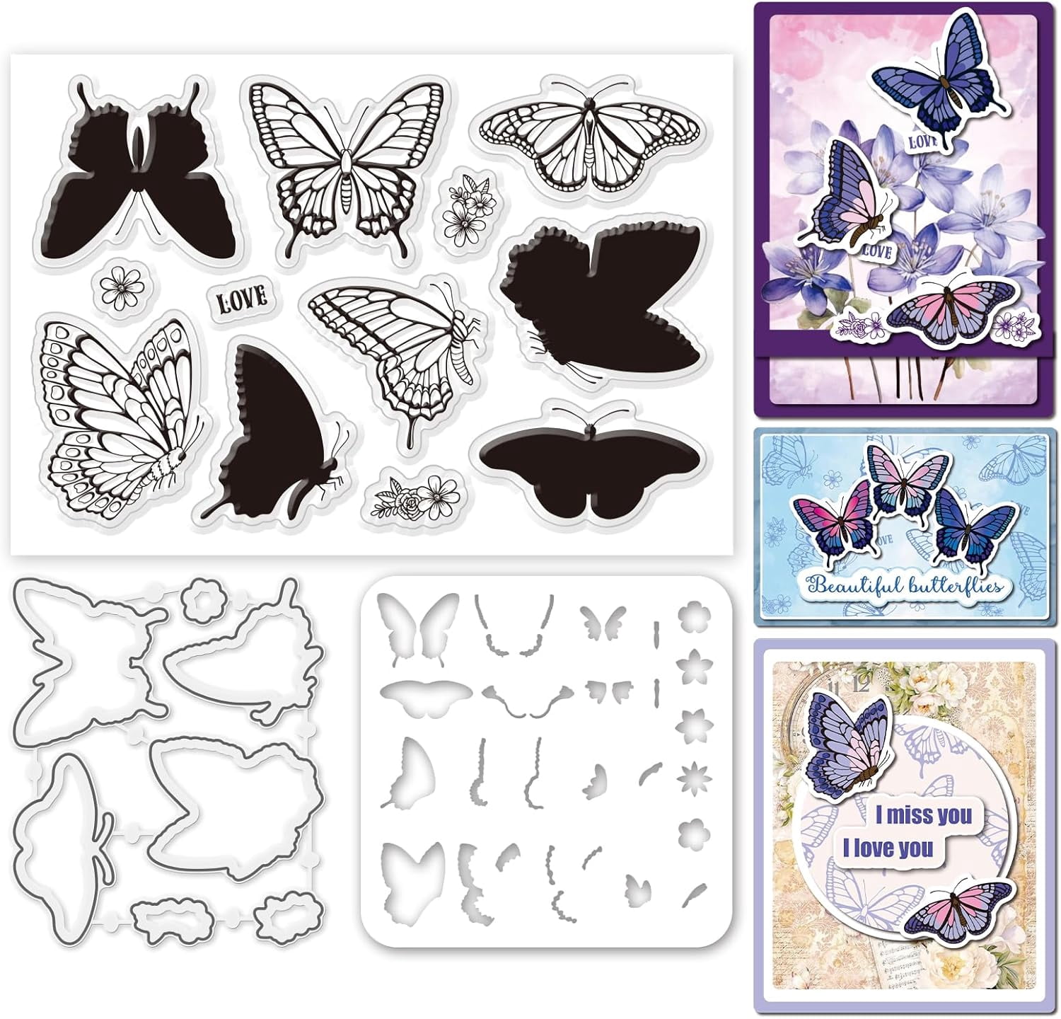3 Pcs Clear Stamp Stencil and Die Cut Set Butterfly Clear Stamps and ...