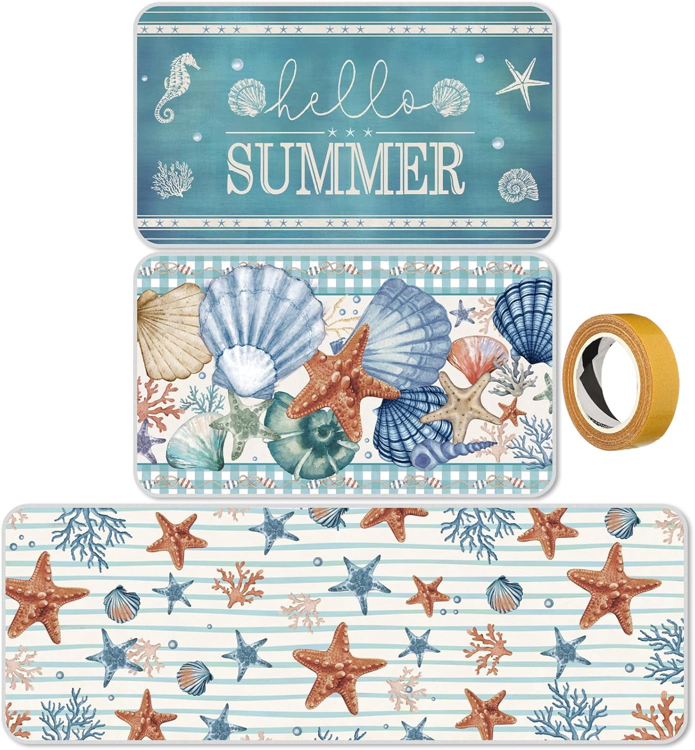 3 Pcs Coastal Beach and Mats Set Anti Fatigue Blue Kitchen Floor Mat ...