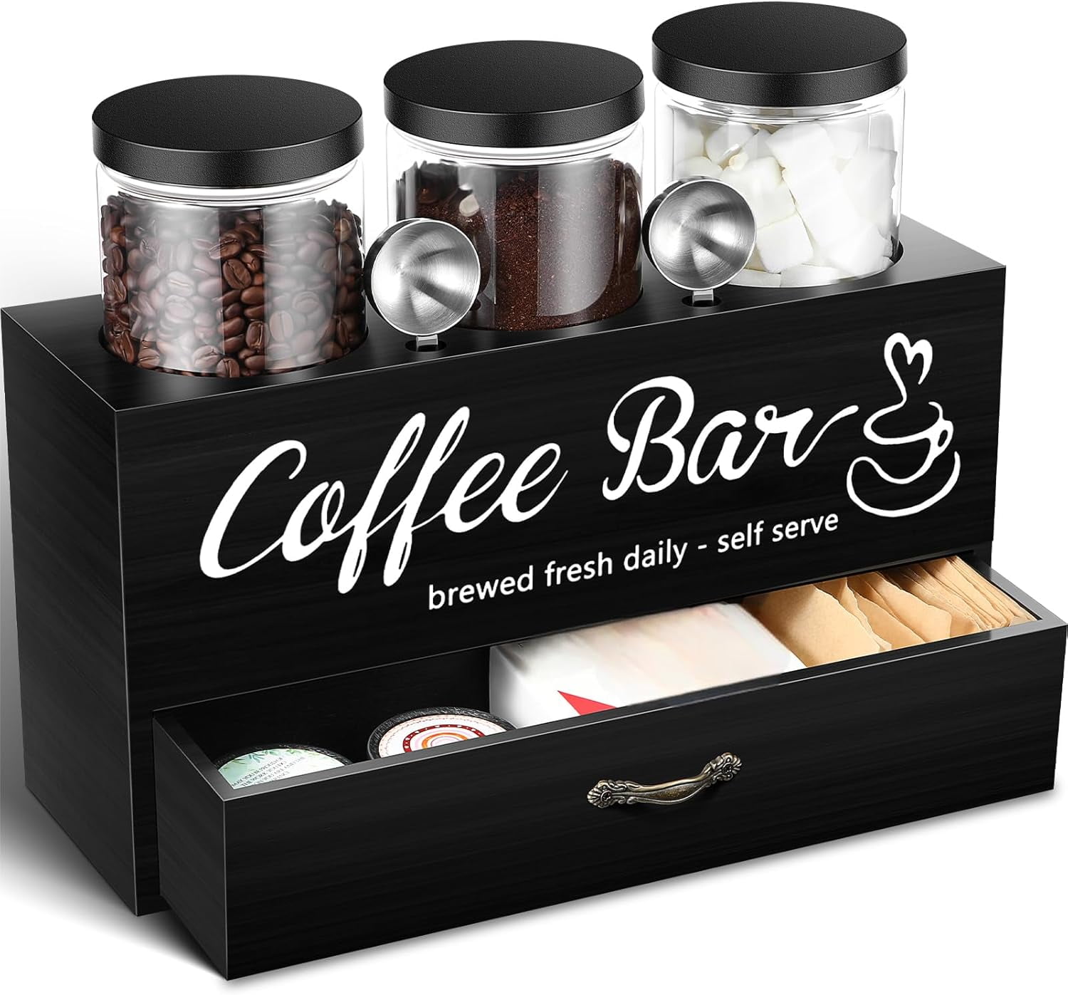 3 Pcs Coffee Canister Set with Shelf and Spoon Plastic Coffee Bean Storage Container with Lids ...