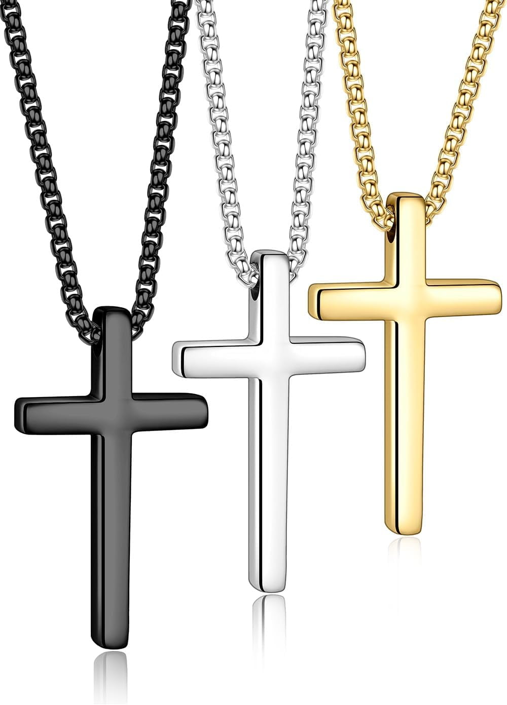 3 Pcs Cross Necklace for Men, Silver Black Gold Plated Cross Chain ...