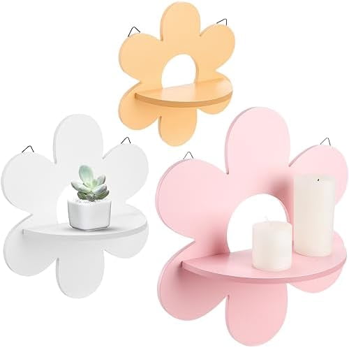 3 Pcs Daisy Flower Floating Shelves, Wooden Boho Daisy Plant Shelf ...