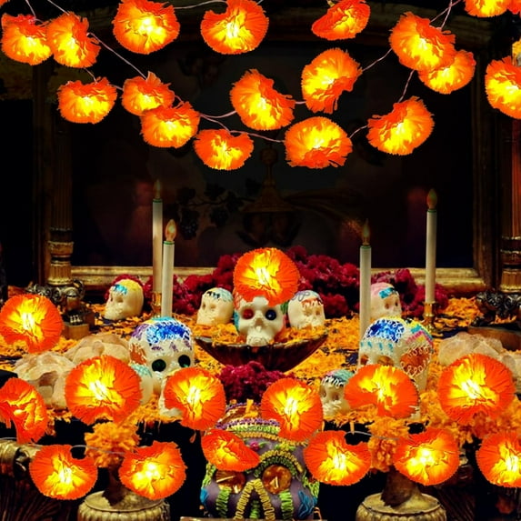 3 Pcs Day of The Dead Marigold Garland with 30 LED Lights for Diwali ...