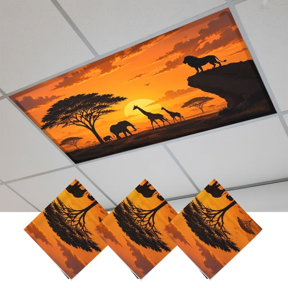 3 Pcs Desert Sunset Fluorescent Light Covers Lion Elephant Tree Giraffe ...