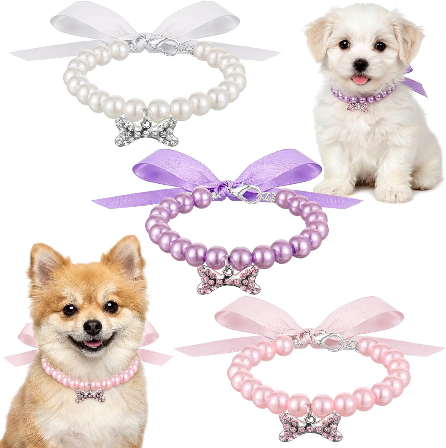 3 Pcs Dog Cat Pearl Collar Necklace with Rhinestone Bone, Adjustable ...