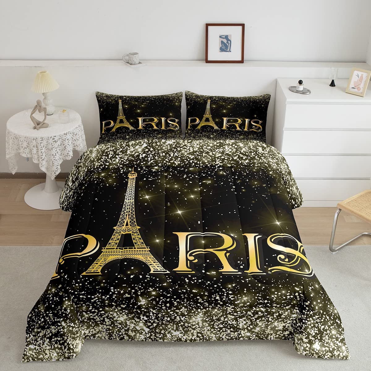 3 Pcs Eiffel Tower Comforter Set City Building of Paris Quilted ...
