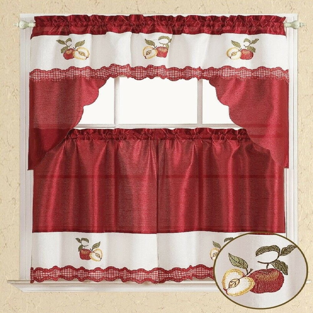 3 Pcs Embroidered Red Apple Swag Valance Kitchen Curtain Set - Walmart.com