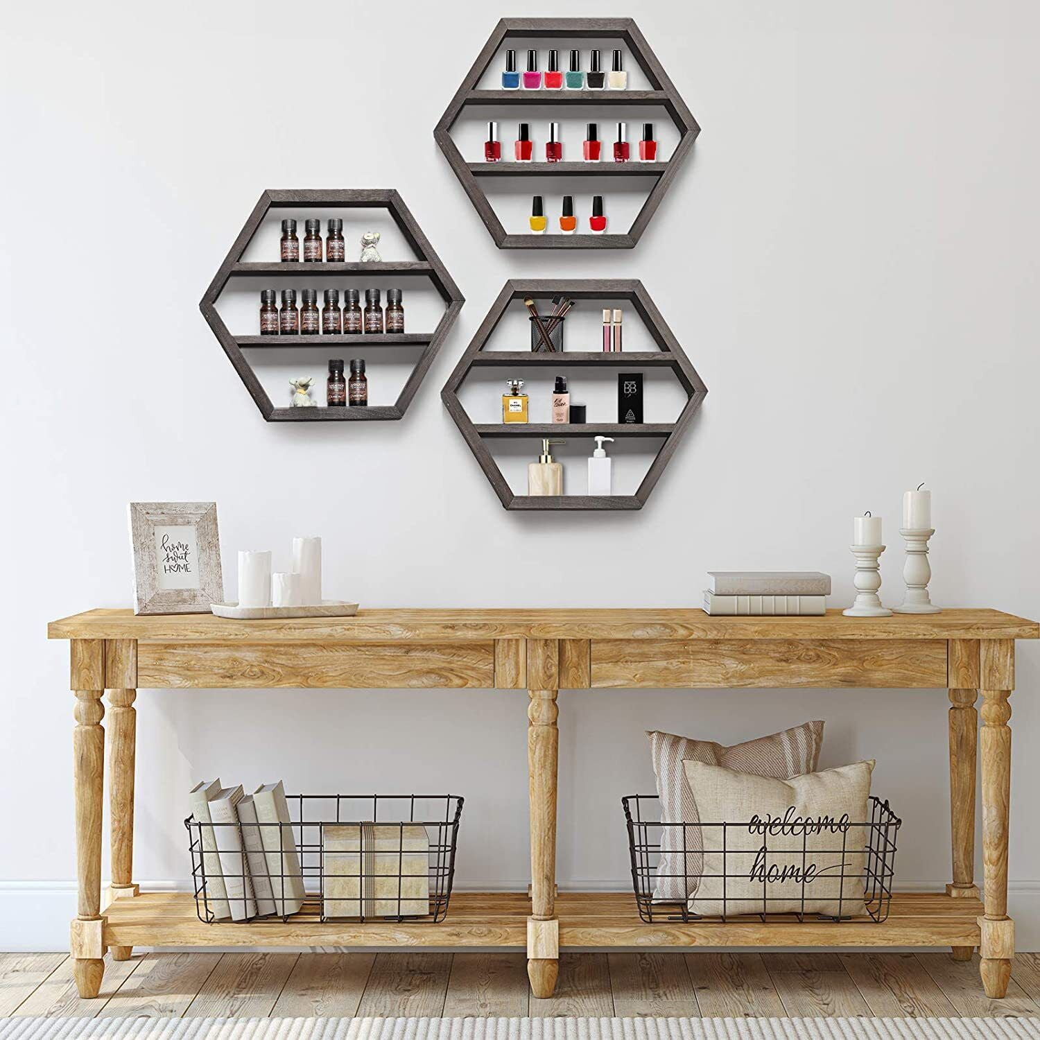 3 Pcs Essential Oil Storage Rack Wall-mount Rustic Wood Hexagon ...