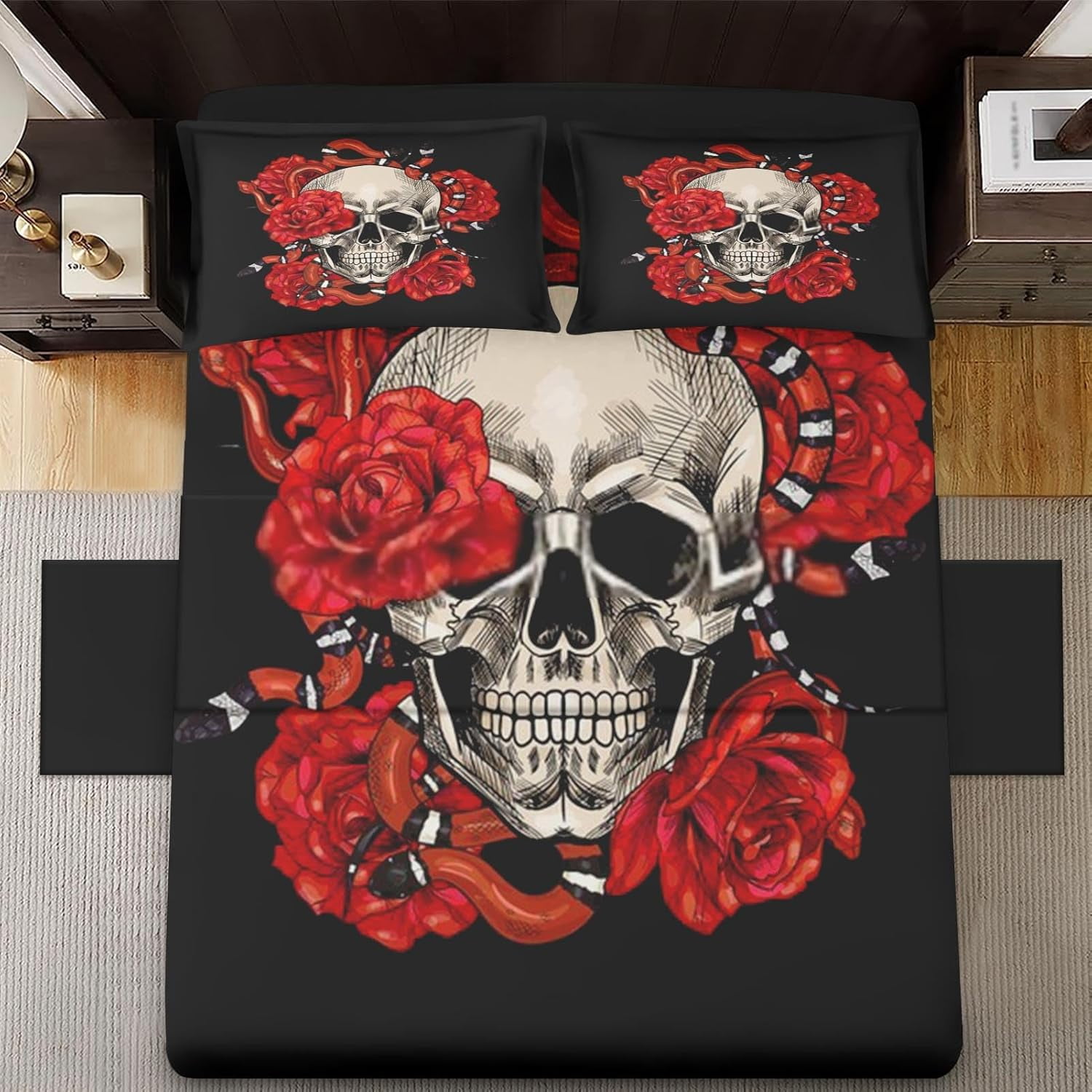 3 Pcs Fitted Sheet Set Size with Deep Pocket, Skull Halloween Skeleton ...