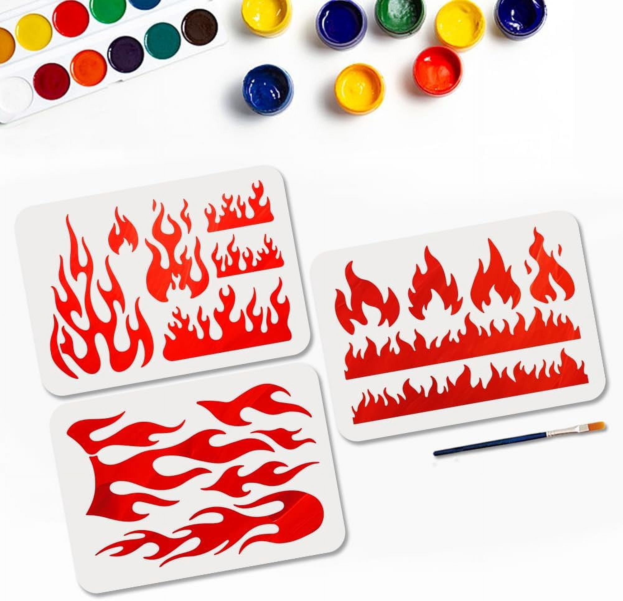3 Pcs Flame Stencil 11.7×8.3inch Fire Stencils with Paint Brush Burn ...