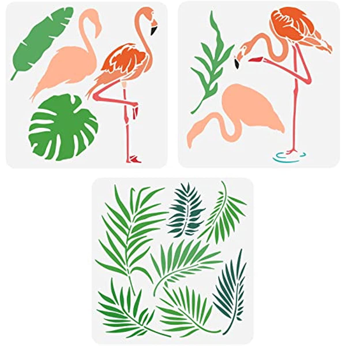 3 Pcs Flamingo Stencils 11.8x11.8inch Layered Flamingo & Leaves Stencil Plastic Flamingo Stencil ...