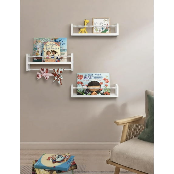 3 Pcs Floating Nursery Bookshelves, White Natural Wood Wall Mount ...