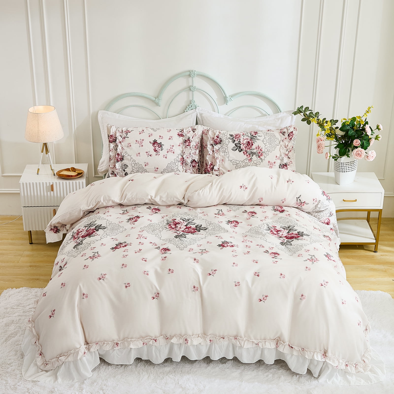 3 Pcs Floral Comforter Set Ruffle Vintage Rose Bedding Duvet Set ...