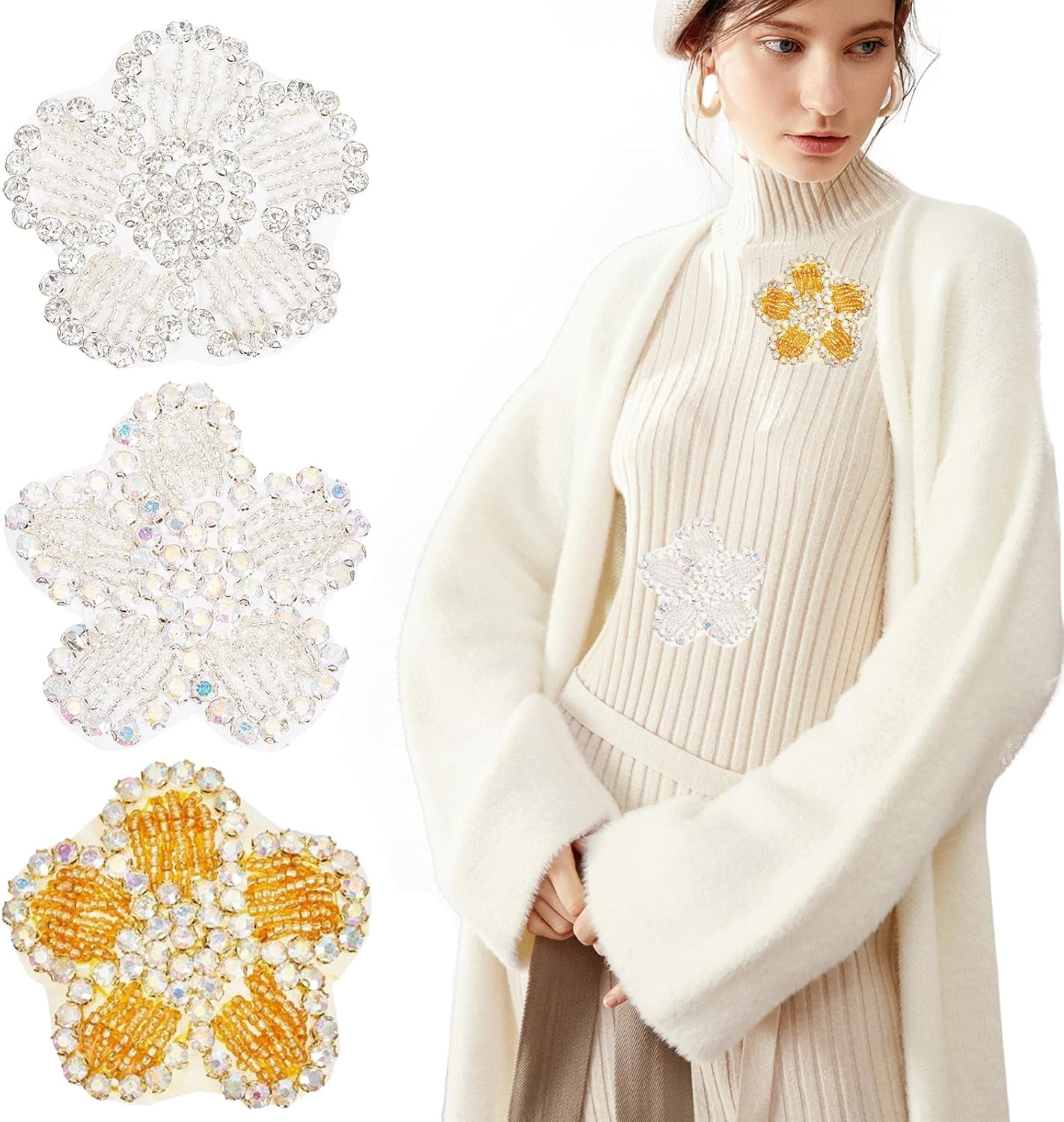 3 Pcs Flower Rhinestone Beaded Patches Iron Sew on Appliques Sparkly ...