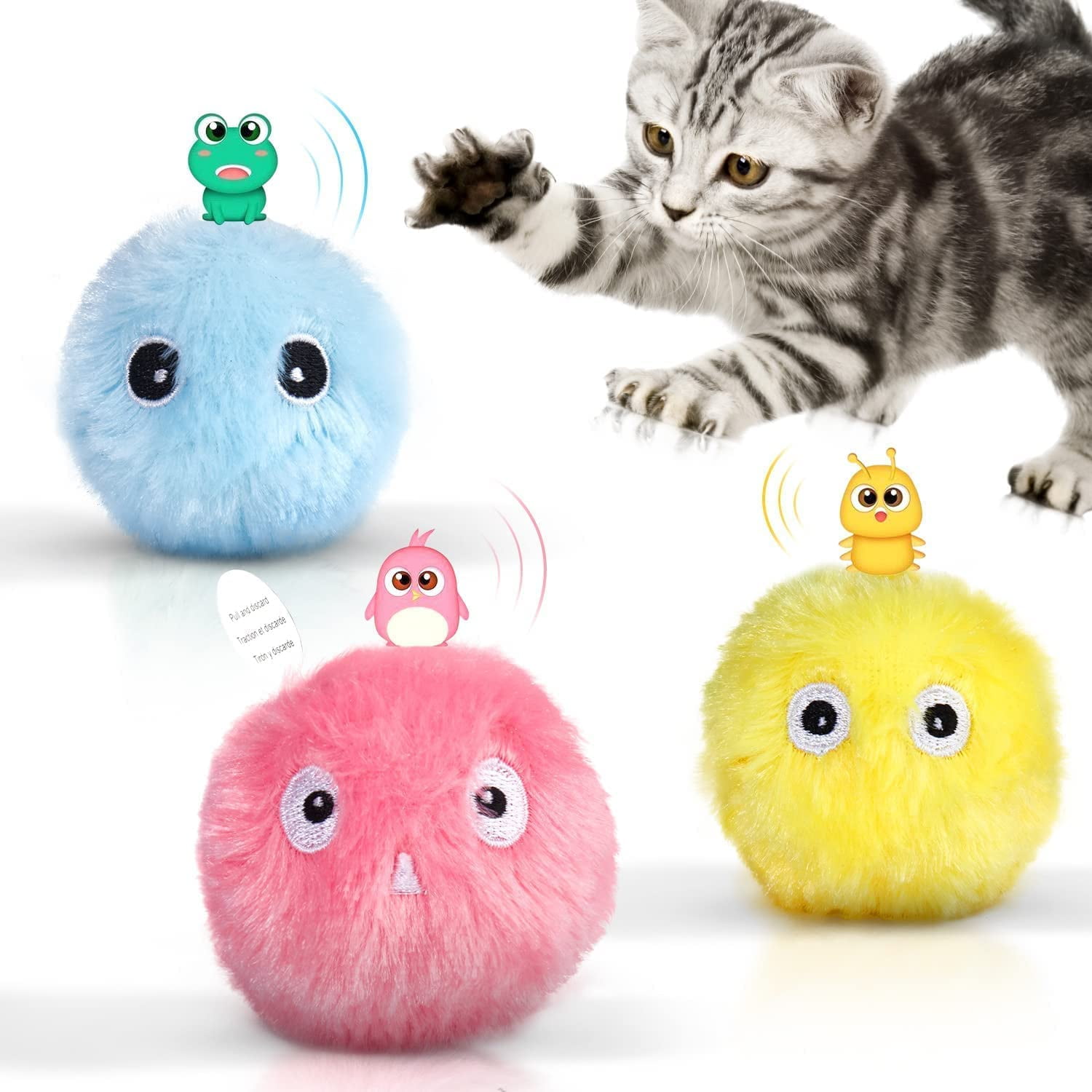 3 Pcs Fluffy Plush Cat Ball Toys with Sparkling Lights, Silvervine ...