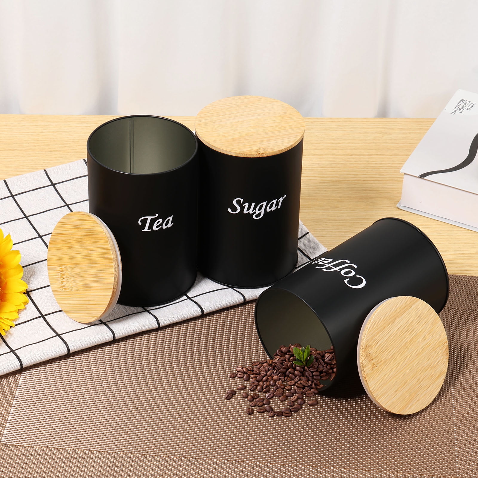 3 Pcs Food Storage Canisters with Bamboo Lid Iron Tea Sugar Coffee ...